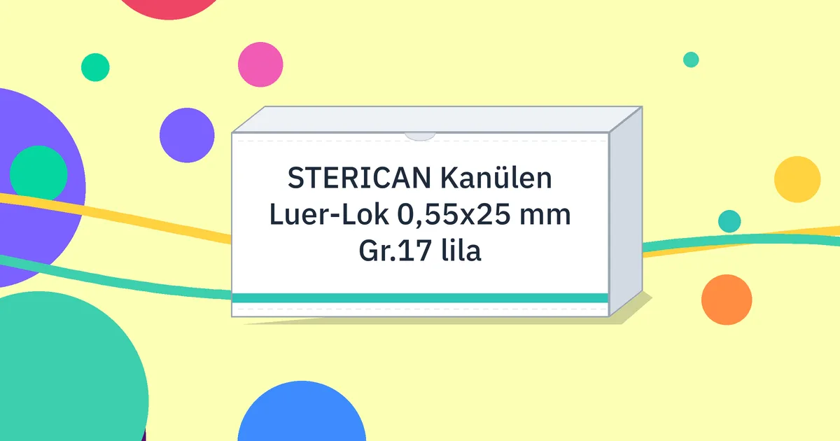 Symbolbild: Packung mit der Aufschrift STERICAN Kanülen Luer-Lok 0,55x25 mm Gr.17 lila (PZN 16016836) – Verfügbarkeit und Bezug in Apotheken in Frankfurt am Main