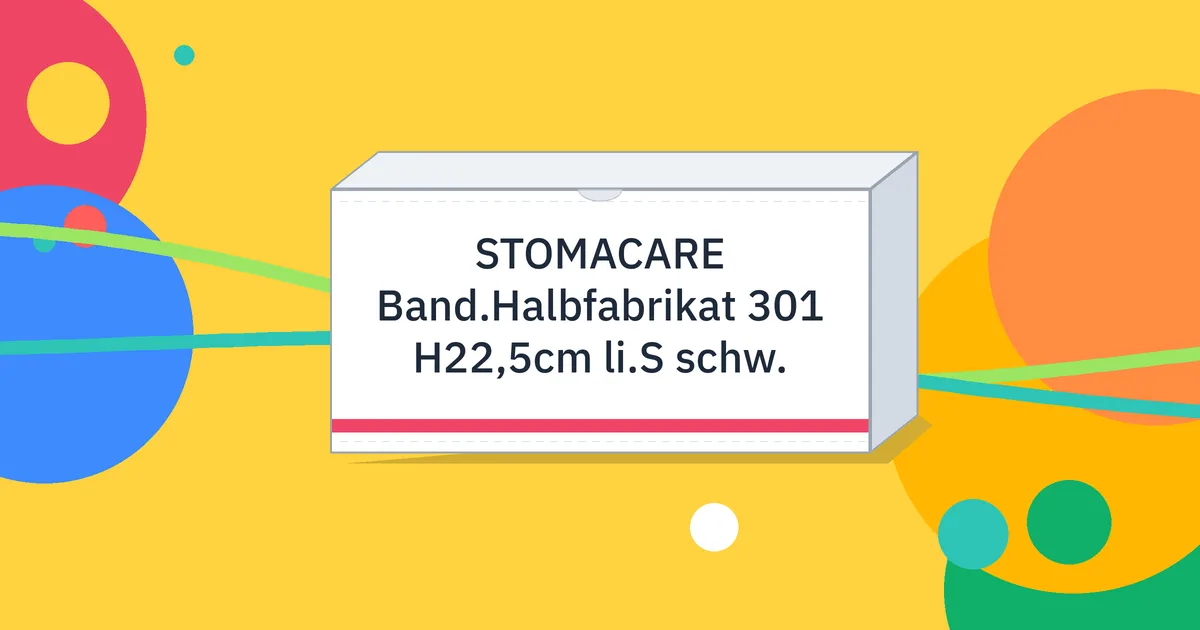 Symbolbild: Packung mit der Aufschrift STOMACARE Band.Halbfabrikat 301 H22,5cm li.S schw. (PZN 09436609) – Verfügbarkeit und Bezug in Apotheken in Frankfurt am Main