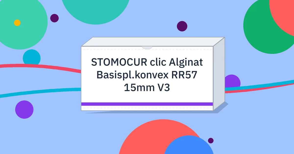 Symbolbild: Packung mit der Aufschrift STOMOCUR clic Alginat Basispl.konvex RR57 15mm V3 (PZN 18759079) – Verfügbarkeit und Bezug in Apotheken in Frankfurt am Main