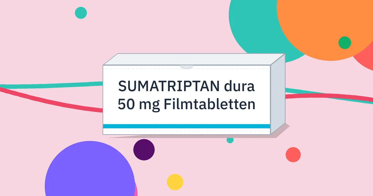 Symbolbild: Packung mit der Aufschrift SUMATRIPTAN dura 50 mg Filmtabletten (PZN 06112869) – Verfügbarkeit und Bezug in Apotheken in Frankfurt am Main