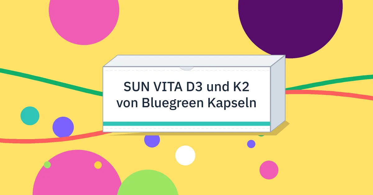 Symbolbild: Packung mit der Aufschrift SUN VITA D3 und K2 von Bluegreen Kapseln (PZN 15408215) – Verfügbarkeit und Bezug in Apotheken in Frankfurt am Main