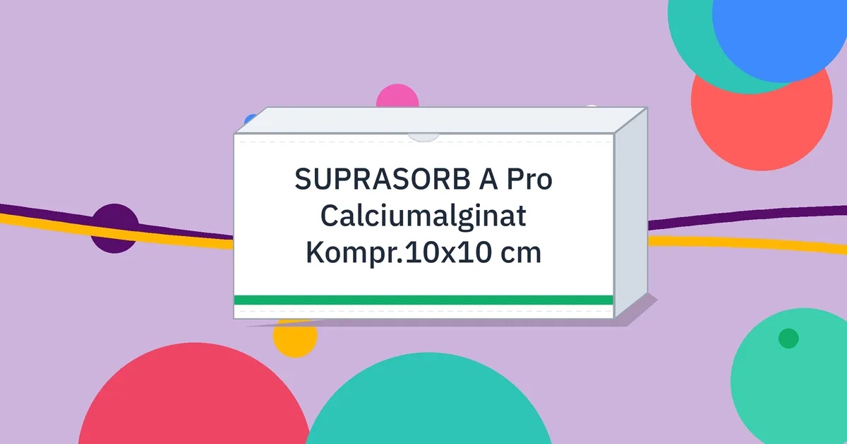 Symbolbild: Packung mit der Aufschrift SUPRASORB A Pro Calciumalginat Kompr.10x10 cm (PZN 19116159) – Verfügbarkeit und Bezug in Apotheken in Frankfurt am Main
