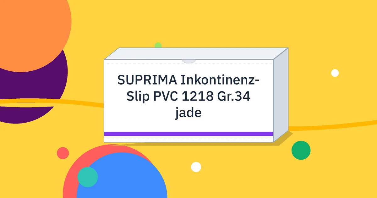 Symbolbild: Packung mit der Aufschrift SUPRIMA Inkontinenz-Slip PVC 1218 Gr.34 jade (PZN 03034465) – Verfügbarkeit und Bezug in Apotheken in Frankfurt am Main