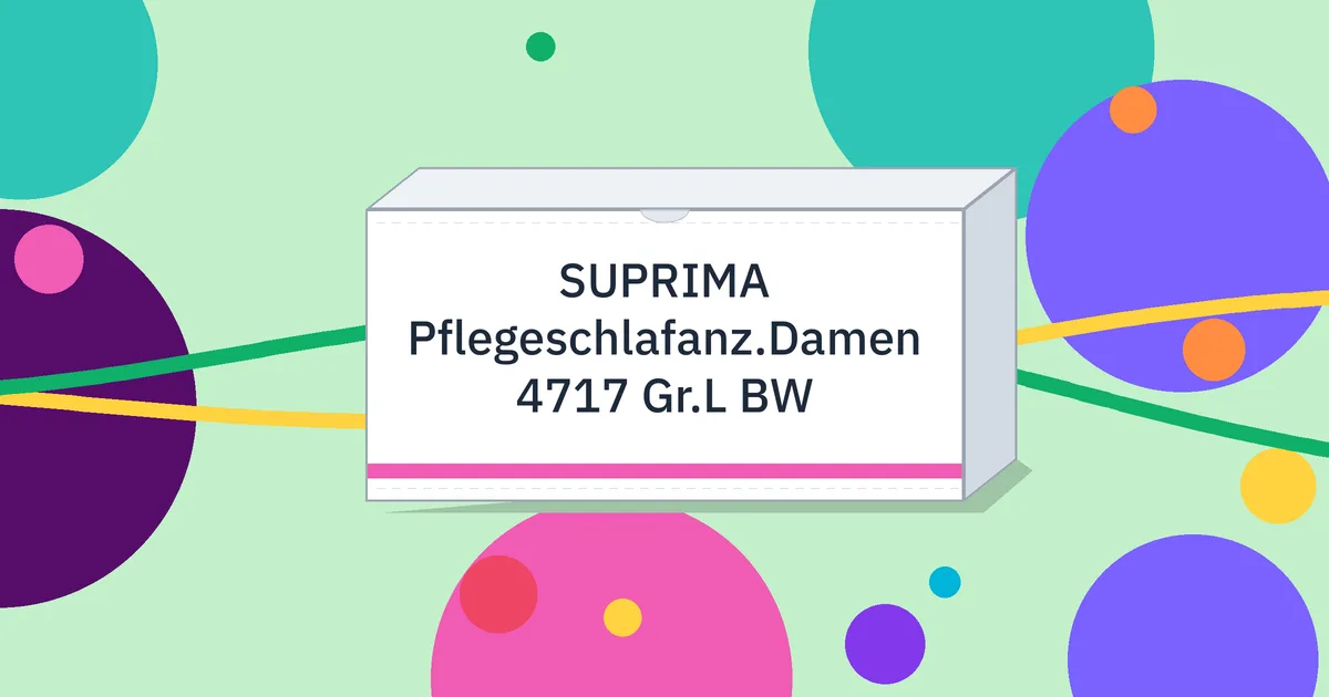Symbolbild: Packung mit der Aufschrift SUPRIMA Pflegeschlafanz.Damen 4717 Gr.L BW (PZN 16321775) – Verfügbarkeit und Bezug in Apotheken in Frankfurt am Main