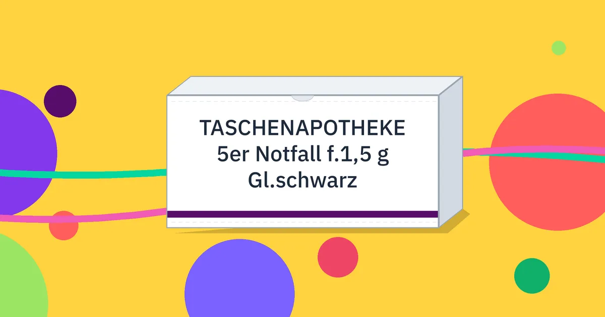 Symbolbild: Packung mit der Aufschrift TASCHENAPOTHEKE 5er Notfall f.1,5 g Gl.schwarz (PZN 01893767) – Verfügbarkeit und Bezug in Apotheken in Frankfurt am Main