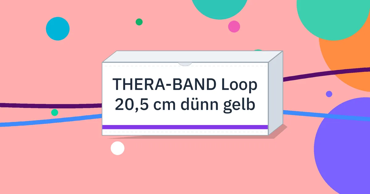 Symbolbild: Packung mit der Aufschrift THERA-BAND Loop 20,5 cm dünn gelb (PZN 09176924) – Verfügbarkeit und Bezug in Apotheken in Frankfurt am Main