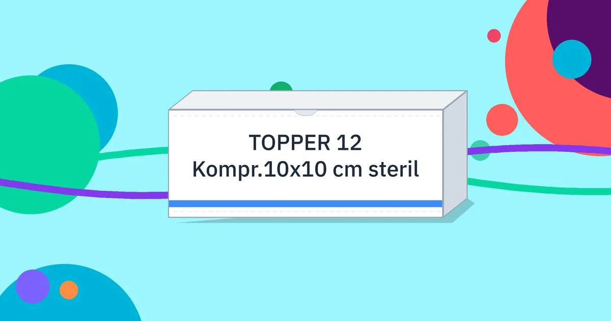 Symbolbild: Packung mit der Aufschrift TOPPER 12 Kompr.10x10 cm steril (PZN 08821305) – Verfügbarkeit und Bezug in Apotheken in Frankfurt am Main
