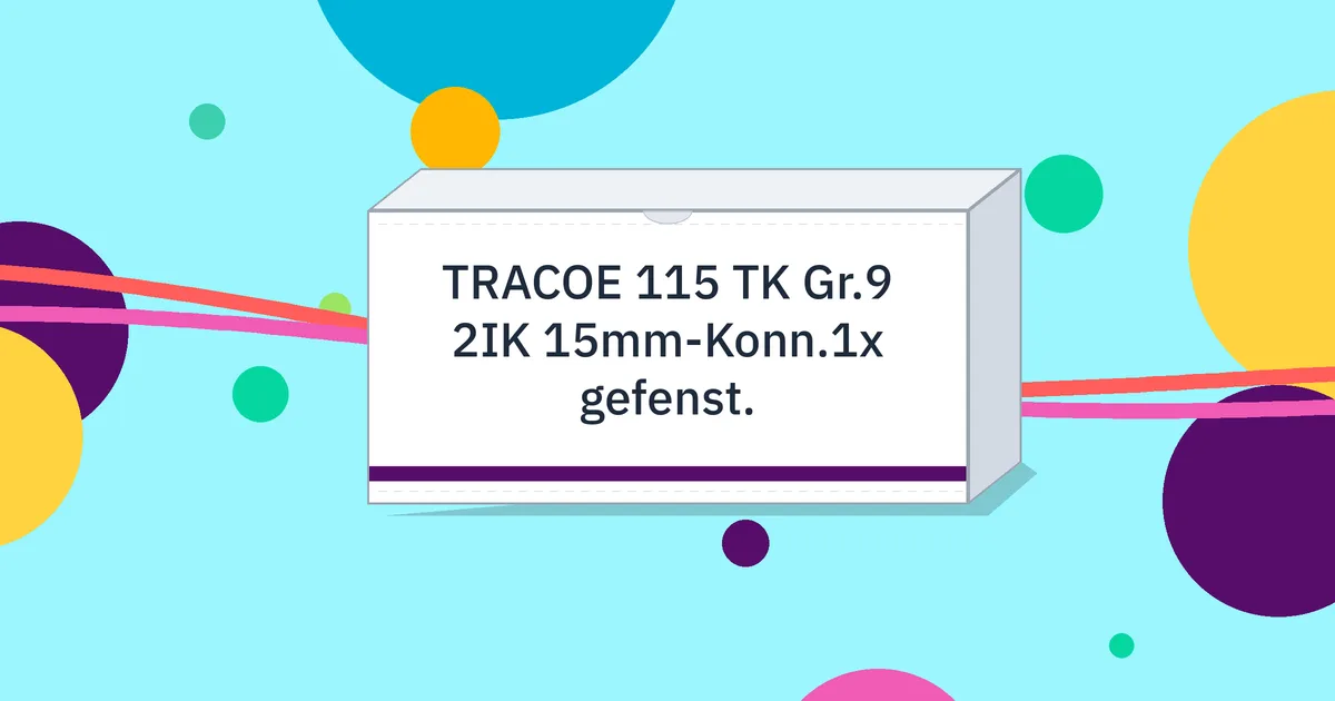 Symbolbild: Packung mit der Aufschrift TRACOE 115 TK Gr.9 2IK 15mm-Konn.1x gefenst. (PZN 00004601) – Verfügbarkeit und Bezug in Apotheken in Frankfurt am Main