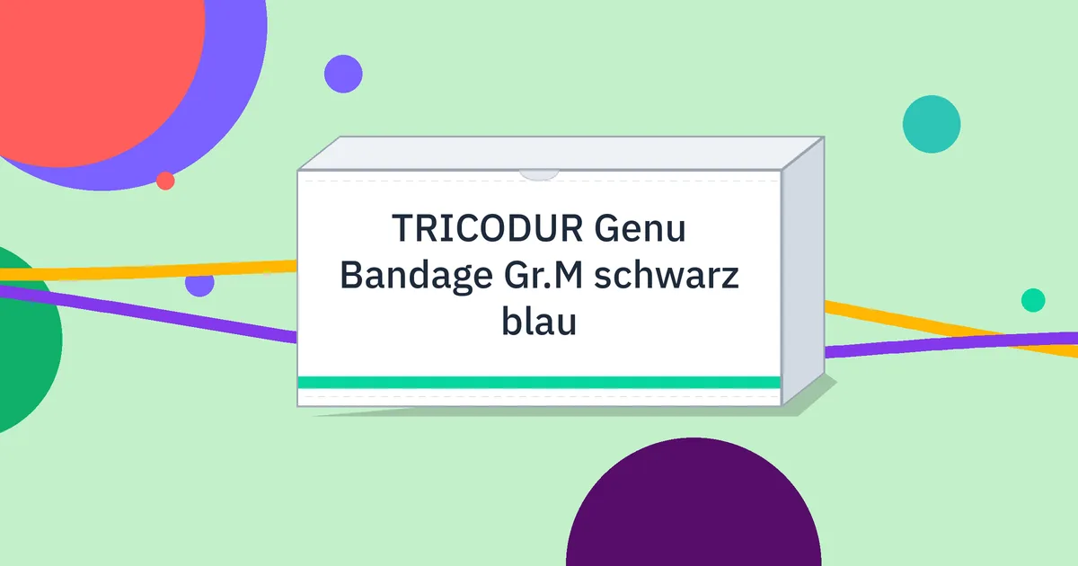 Symbolbild: Packung mit der Aufschrift TRICODUR Genu Bandage Gr.M schwarz blau (PZN 06446027) – Verfügbarkeit und Bezug in Apotheken in Frankfurt am Main