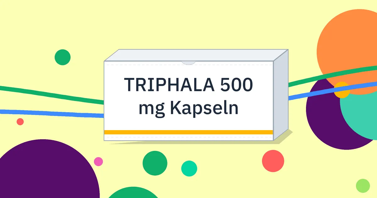 Symbolbild: Packung mit der Aufschrift TRIPHALA 500 mg Kapseln (PZN 17923476) – Verfügbarkeit und Bezug in Apotheken in Frankfurt am Main