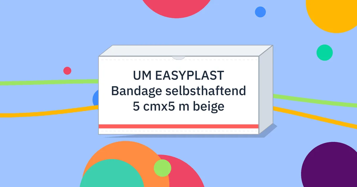 Symbolbild: Packung mit der Aufschrift UM EASYPLAST Bandage selbsthaftend 5 cmx5 m beige (PZN 19151888) – Verfügbarkeit und Bezug in Apotheken in Frankfurt am Main
