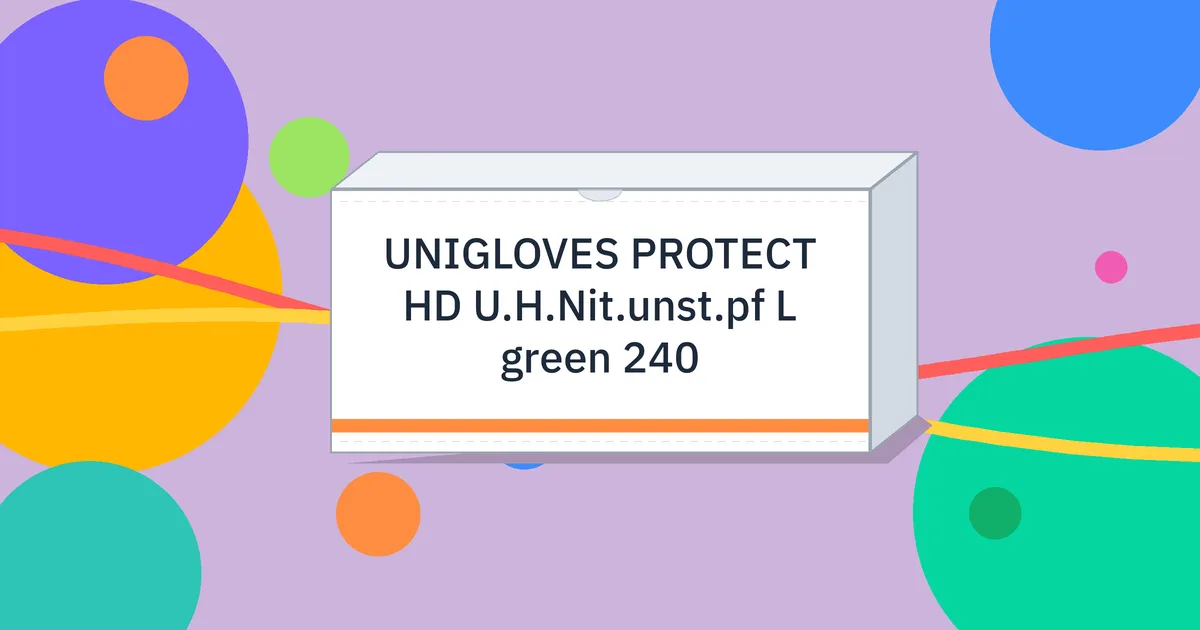 Symbolbild: Packung mit der Aufschrift UNIGLOVES PROTECT HD U.H.Nit.unst.pf L green 240 (PZN 20189040) – Verfügbarkeit und Bezug in Apotheken in Frankfurt am Main