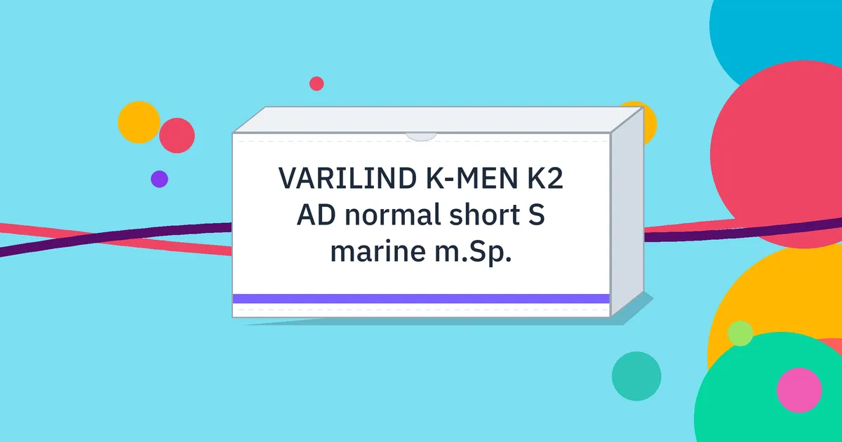 Symbolbild: Packung mit der Aufschrift VARILIND K-MEN K2 AD normal short S marine m.Sp. (PZN 20569305) – Verfügbarkeit und Bezug in Apotheken in Frankfurt am Main