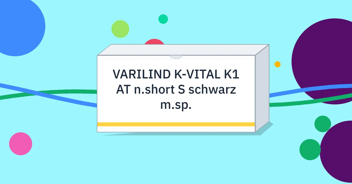 Symbolbild: Packung mit der Aufschrift VARILIND K-VITAL K1 AT n.short S schwarz m.sp. (PZN 20560296) – Verfügbarkeit und Bezug in Apotheken in Frankfurt am Main