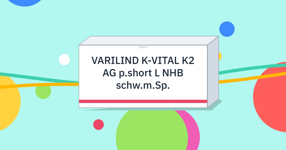 Symbolbild: Packung mit der Aufschrift VARILIND K-VITAL K2 AG p.short L NHB schw.m.Sp. (PZN 20565129) – Verfügbarkeit und Bezug in Apotheken in Frankfurt am Main