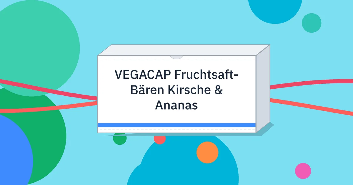 Symbolbild: Packung mit der Aufschrift VEGACAP Fruchtsaft-Bären Kirsche & Ananas (PZN 15623385) – Verfügbarkeit und Bezug in Apotheken in Frankfurt am Main