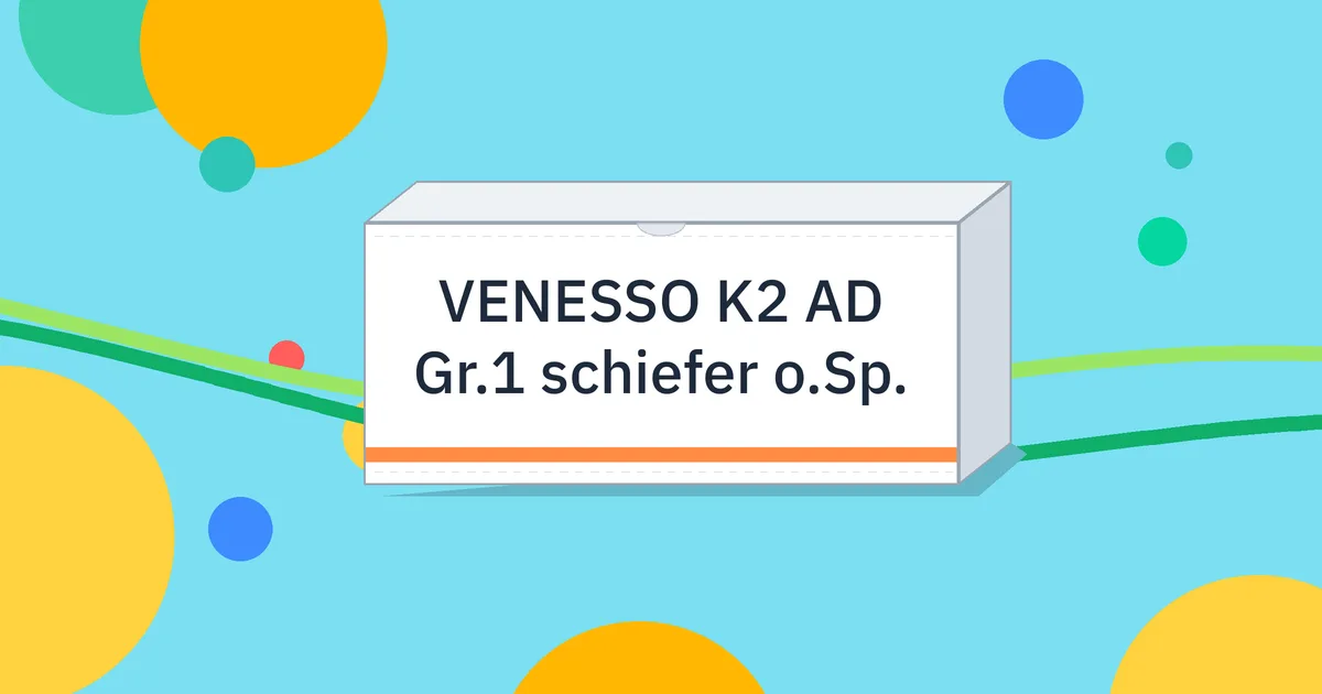 Symbolbild: Packung mit der Aufschrift VENESSO K2 AD Gr.1 schiefer o.Sp. (PZN 03260061) – Verfügbarkeit und Bezug in Apotheken in Frankfurt am Main
