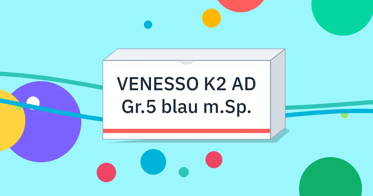 Symbolbild: Packung mit der Aufschrift VENESSO K2 AD Gr.5 blau m.Sp. (PZN 03258880) – Verfügbarkeit und Bezug in Apotheken in Frankfurt am Main
