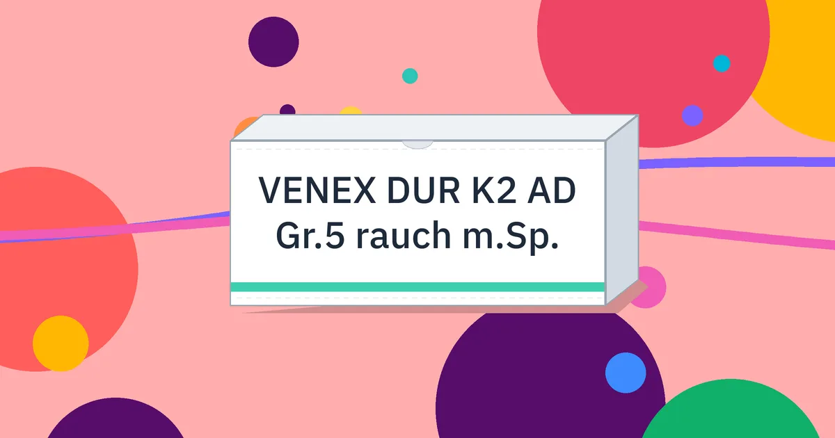 Symbolbild: Packung mit der Aufschrift VENEX DUR K2 AD Gr.5 rauch m.Sp. (PZN 03208617) – Verfügbarkeit und Bezug in Apotheken in Frankfurt am Main