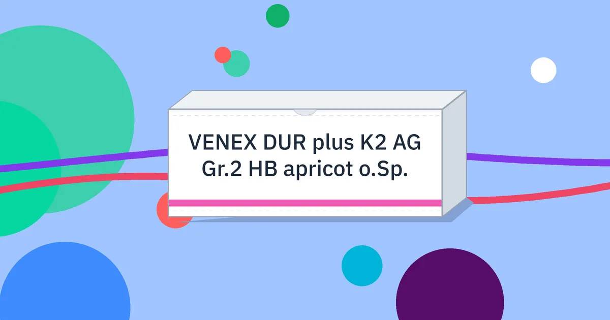Symbolbild: Packung mit der Aufschrift VENEX DUR plus K2 AG Gr.2 HB apricot o.Sp. (PZN 03237487) – Verfügbarkeit und Bezug in Apotheken in Frankfurt am Main