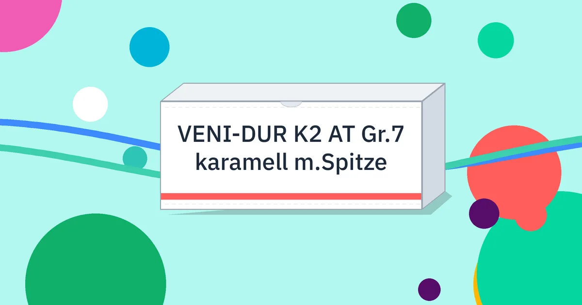 Symbolbild: Packung mit der Aufschrift VENI-DUR K2 AT Gr.7 karamell m.Spitze (PZN 13757012) – Verfügbarkeit und Bezug in Apotheken in Frankfurt am Main