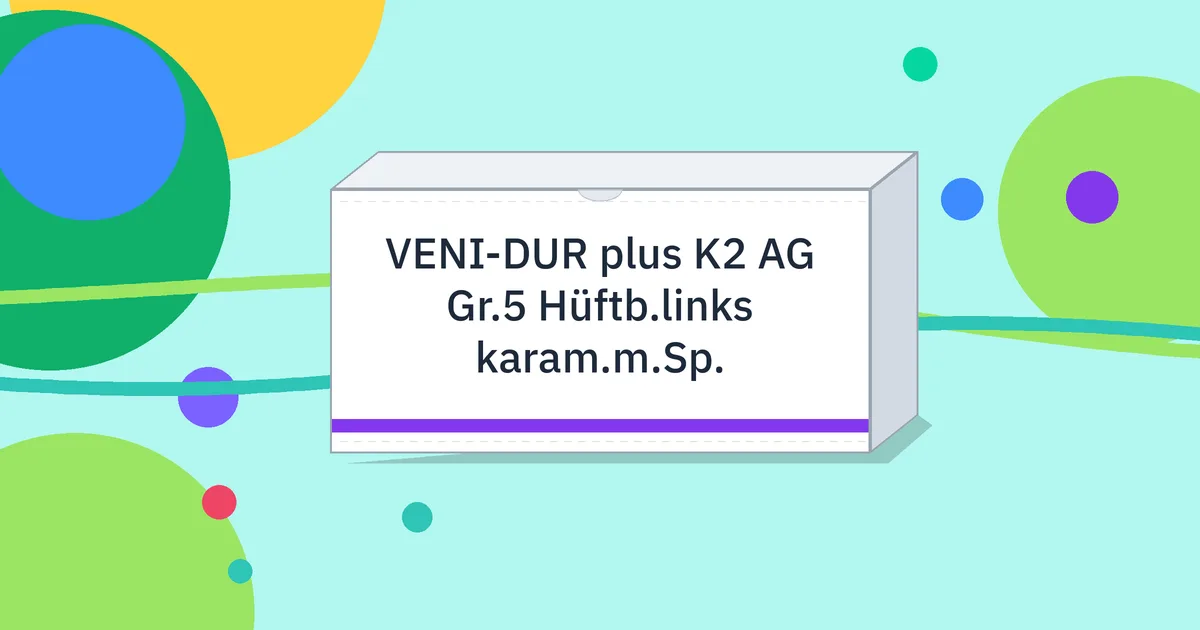 Symbolbild: Packung mit der Aufschrift VENI-DUR plus K2 AG Gr.5 Hüftb.links karam.m.Sp. (PZN 13760764) – Verfügbarkeit und Bezug in Apotheken in Frankfurt am Main