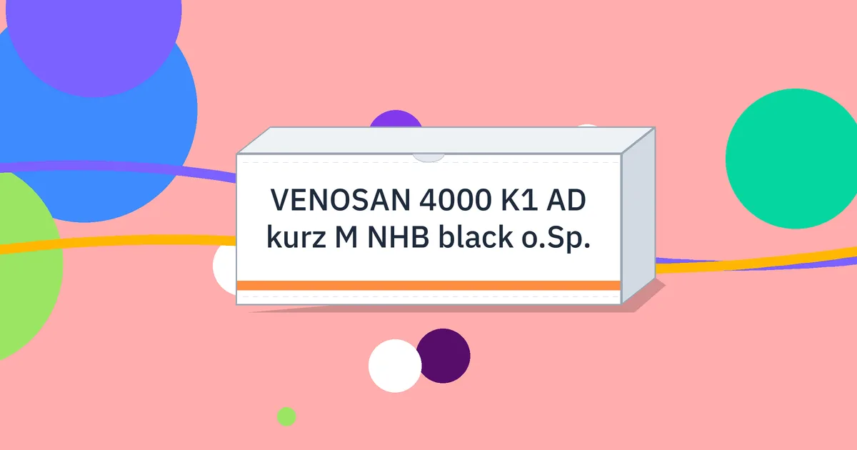 Symbolbild: Packung mit der Aufschrift VENOSAN 4000 K1 AD kurz M NHB black o.Sp. (PZN 14426553) – Verfügbarkeit und Bezug in Apotheken in Frankfurt am Main