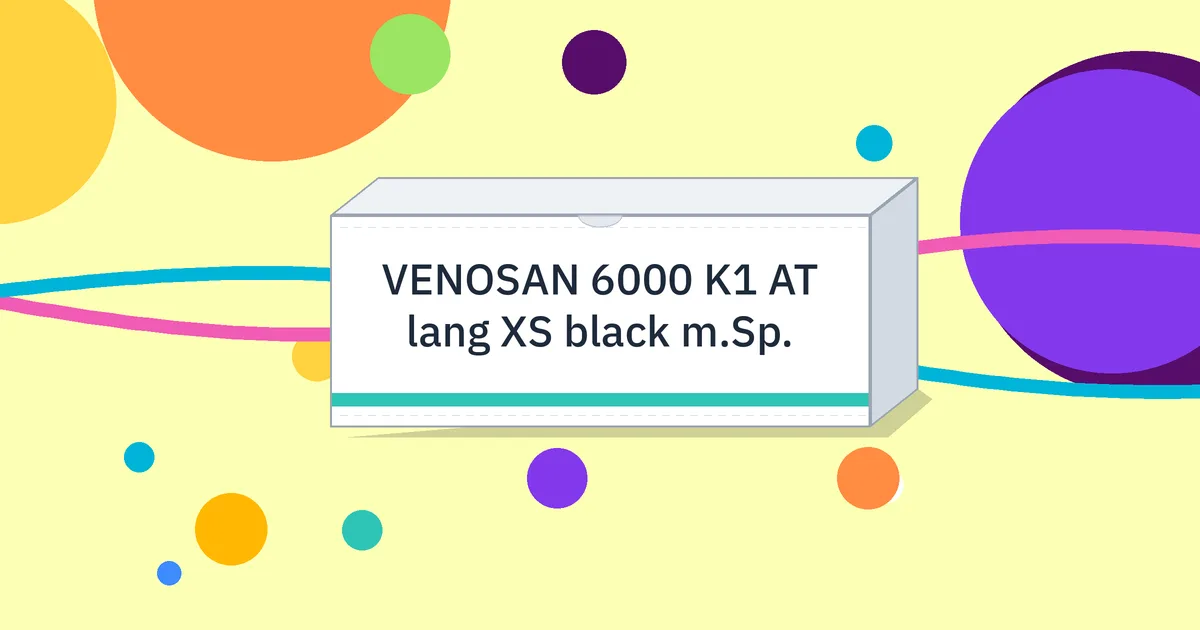 Symbolbild: Packung mit der Aufschrift VENOSAN 6000 K1 AT lang XS black m.Sp. (PZN 17172001) – Verfügbarkeit und Bezug in Apotheken in Frankfurt am Main