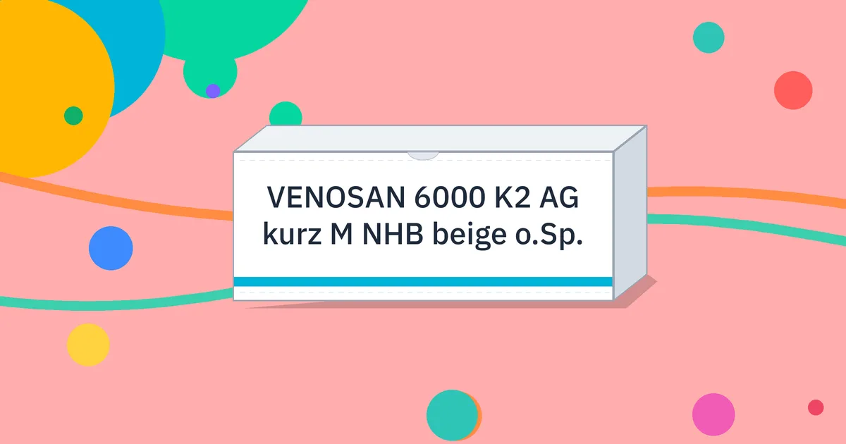 Symbolbild: Packung mit der Aufschrift VENOSAN 6000 K2 AG kurz M NHB beige o.Sp. (PZN 17172716) – Verfügbarkeit und Bezug in Apotheken in Frankfurt am Main