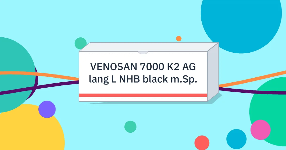 Symbolbild: Packung mit der Aufschrift VENOSAN 7000 K2 AG lang L NHB black m.Sp. (PZN 14435954) – Verfügbarkeit und Bezug in Apotheken in Frankfurt am Main