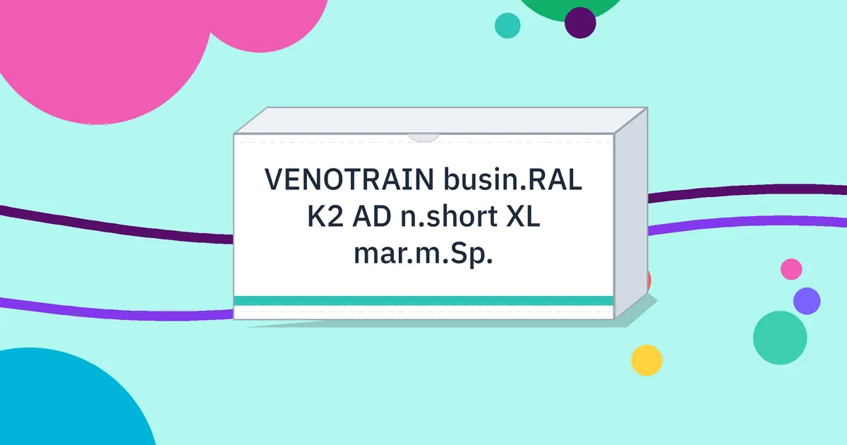Symbolbild: Packung mit der Aufschrift VENOTRAIN busin.RAL K2 AD n.short XL mar.m.Sp. (PZN 06949188) – Verfügbarkeit und Bezug in Apotheken in Frankfurt am Main