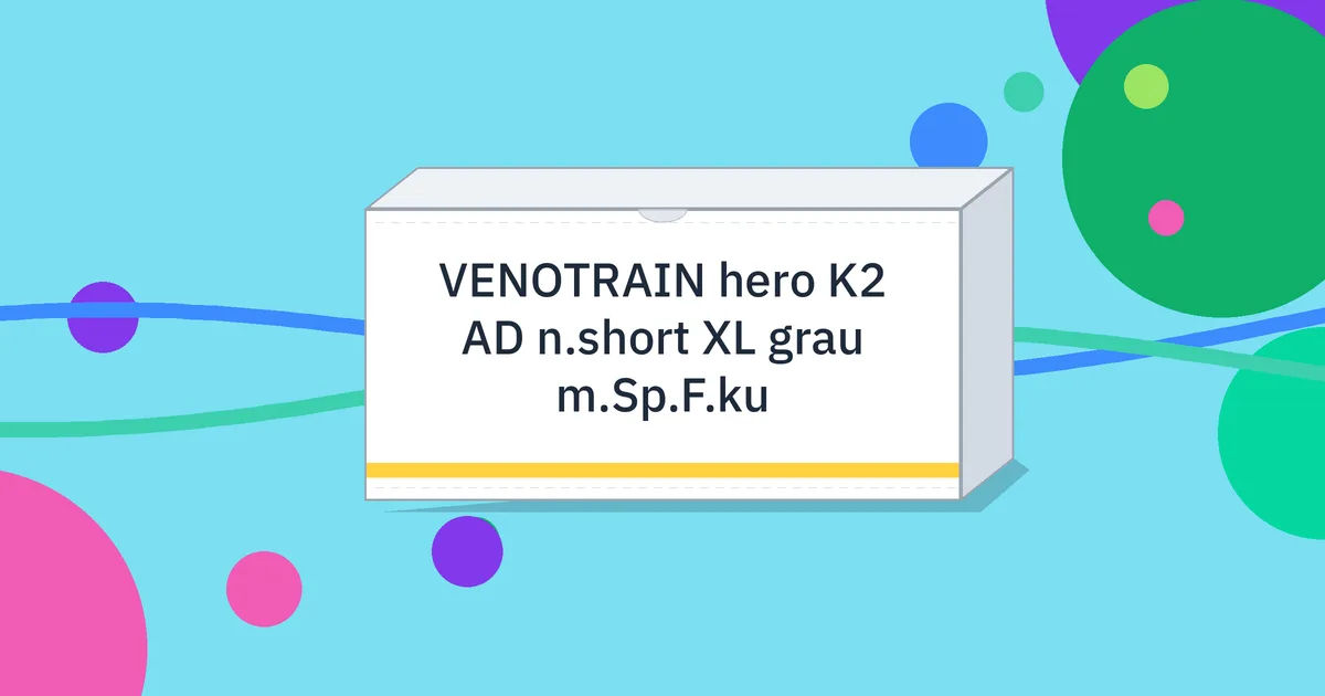 Symbolbild: Packung mit der Aufschrift VENOTRAIN hero K2 AD n.short XL grau m.Sp.F.ku (PZN 19190144) – Verfügbarkeit und Bezug in Apotheken in Frankfurt am Main