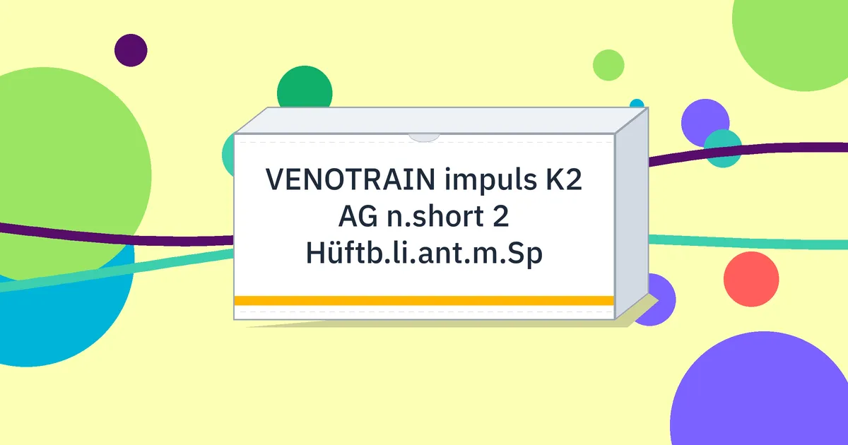 Symbolbild: Packung mit der Aufschrift VENOTRAIN impuls K2 AG n.short 2 Hüftb.li.ant.m.Sp (PZN 15219313) – Verfügbarkeit und Bezug in Apotheken in Frankfurt am Main