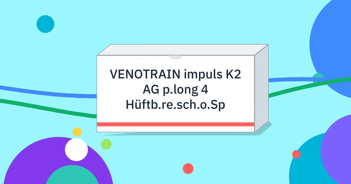 Symbolbild: Packung mit der Aufschrift VENOTRAIN impuls K2 AG p.long 4 Hüftb.re.sch.o.Sp (PZN 10293440) – Verfügbarkeit und Bezug in Apotheken in Frankfurt am Main