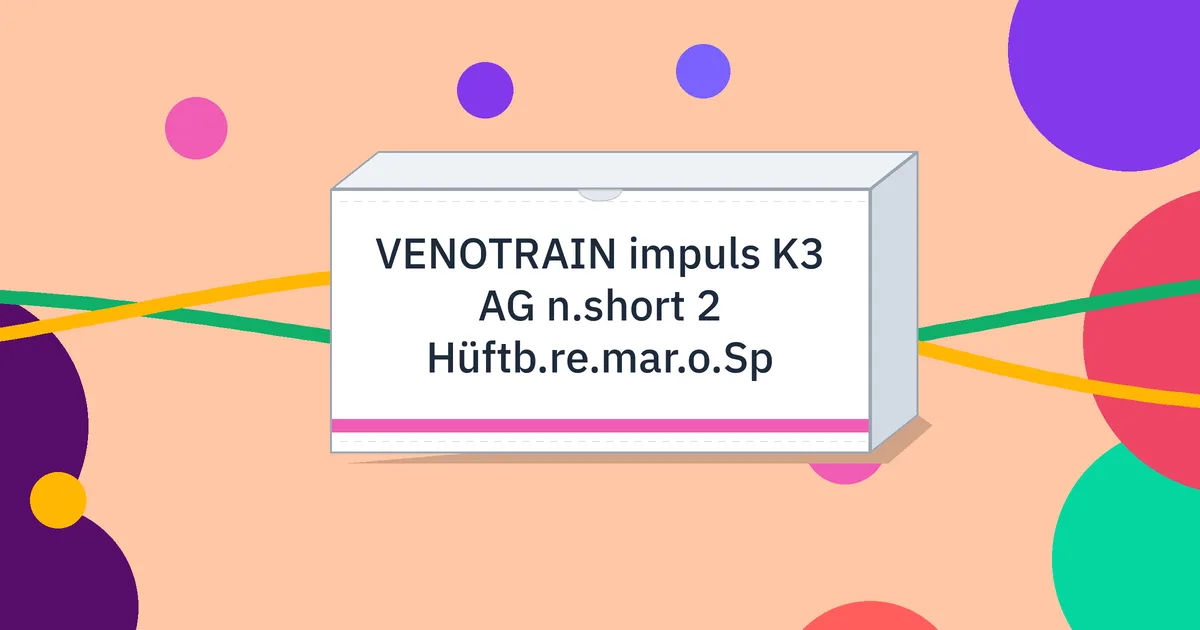 Symbolbild: Packung mit der Aufschrift VENOTRAIN impuls K3 AG n.short 2 Hüftb.re.mar.o.Sp (PZN 15217828) – Verfügbarkeit und Bezug in Apotheken in Frankfurt am Main