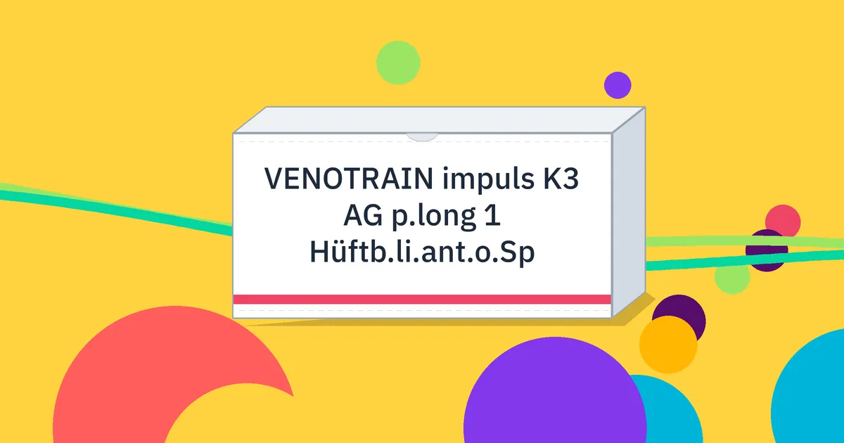 Symbolbild: Packung mit der Aufschrift VENOTRAIN impuls K3 AG p.long 1 Hüftb.li.ant.o.Sp (PZN 15220960) – Verfügbarkeit und Bezug in Apotheken in Frankfurt am Main