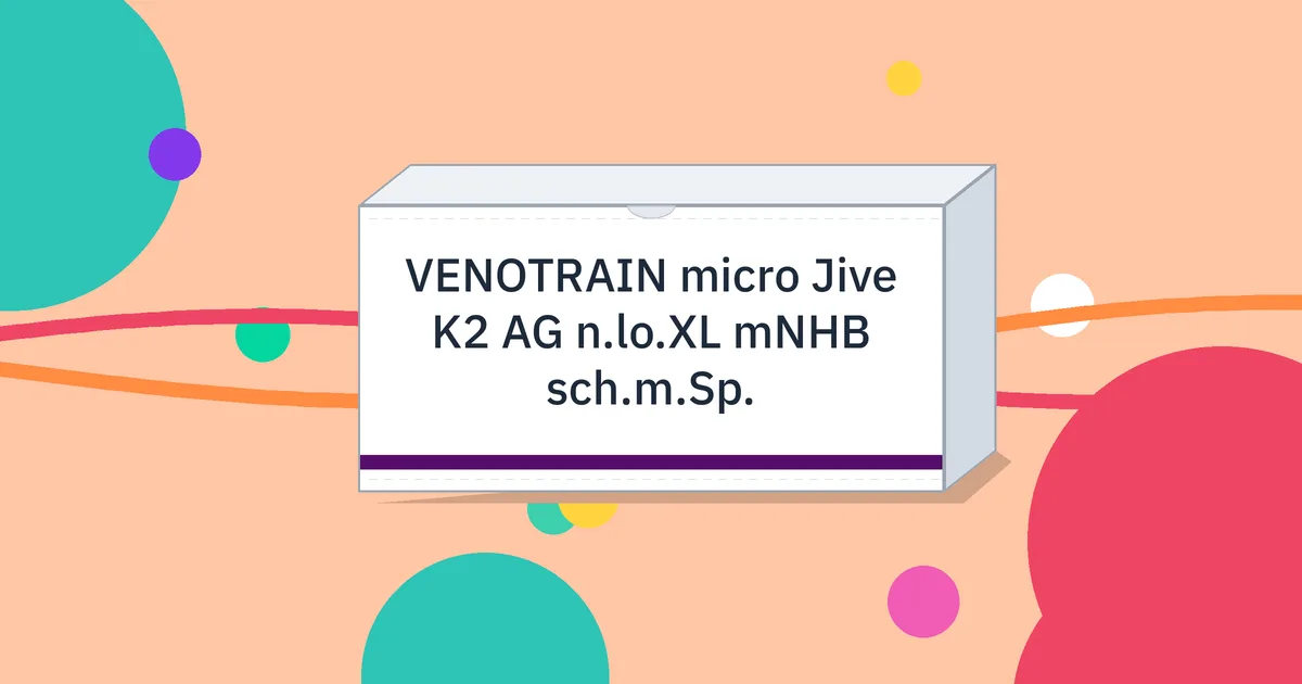 Symbolbild: Packung mit der Aufschrift VENOTRAIN micro Jive K2 AG n.lo.XL mNHB sch.m.Sp. (PZN 17762814) – Verfügbarkeit und Bezug in Apotheken in Frankfurt am Main