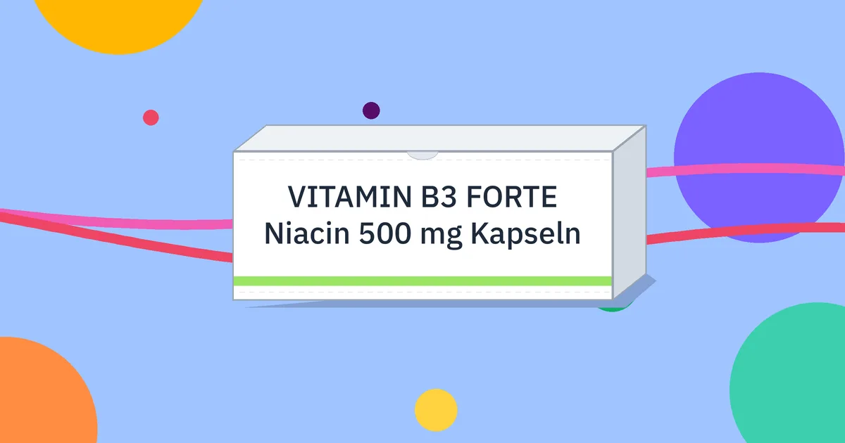 Symbolbild: Packung mit der Aufschrift VITAMIN B3 FORTE Niacin 500 mg Kapseln (PZN 18369668) – Verfügbarkeit und Bezug in Apotheken in Frankfurt am Main