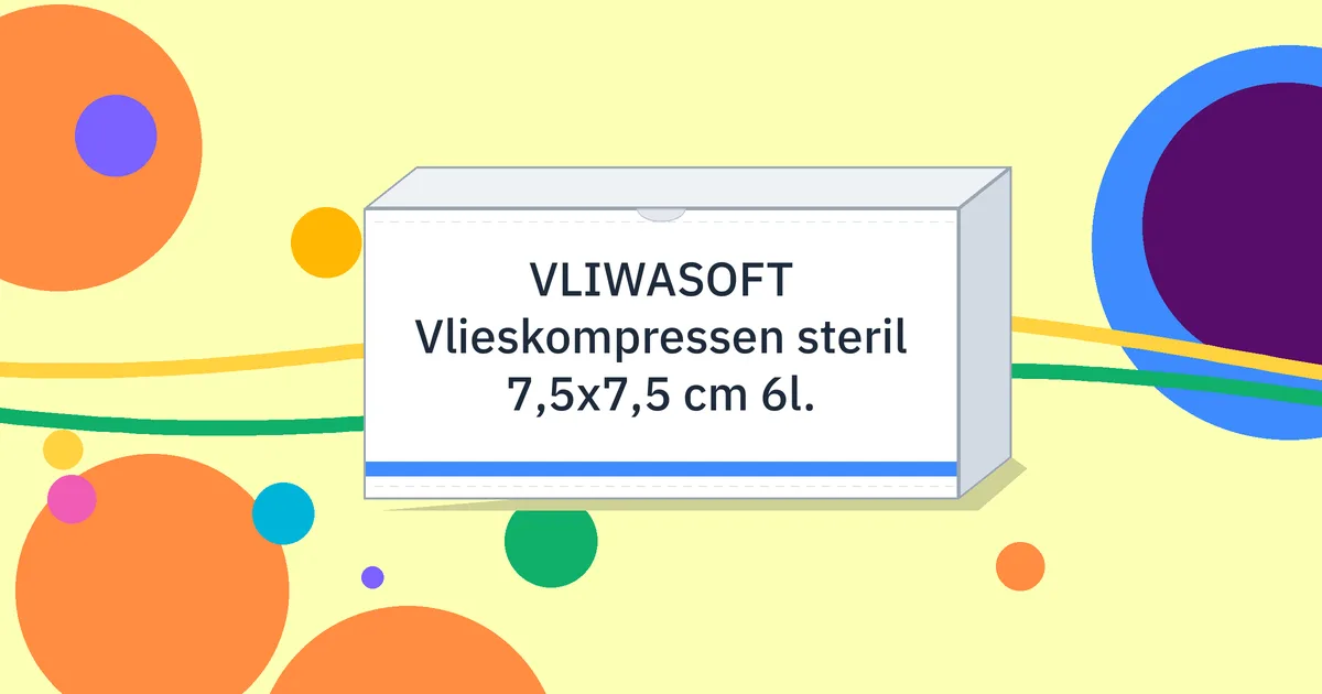 Symbolbild: Packung mit der Aufschrift VLIWASOFT Vlieskompressen steril 7,5x7,5 cm 6l. (PZN 17416265) – Verfügbarkeit und Bezug in Apotheken in Frankfurt am Main
