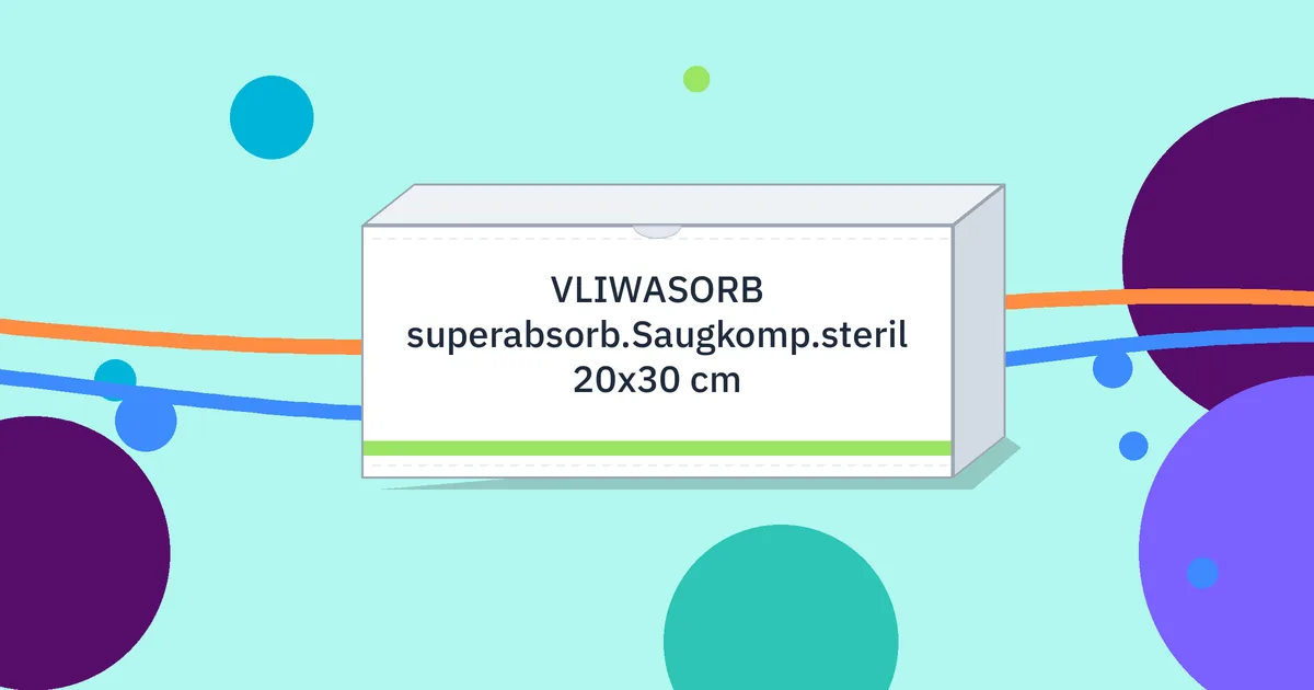 Symbolbild: Packung mit der Aufschrift VLIWASORB superabsorb.Saugkomp.steril 20x30 cm (PZN 13541418) – Verfügbarkeit und Bezug in Apotheken in Frankfurt am Main