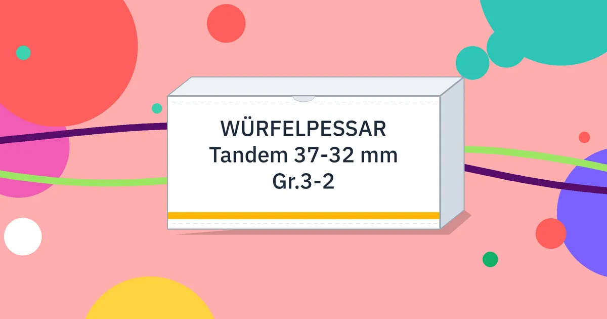 Symbolbild: Packung mit der Aufschrift WÜRFELPESSAR Tandem 37-32 mm Gr.3-2 (PZN 04655608) – Verfügbarkeit und Bezug in Apotheken in Frankfurt am Main