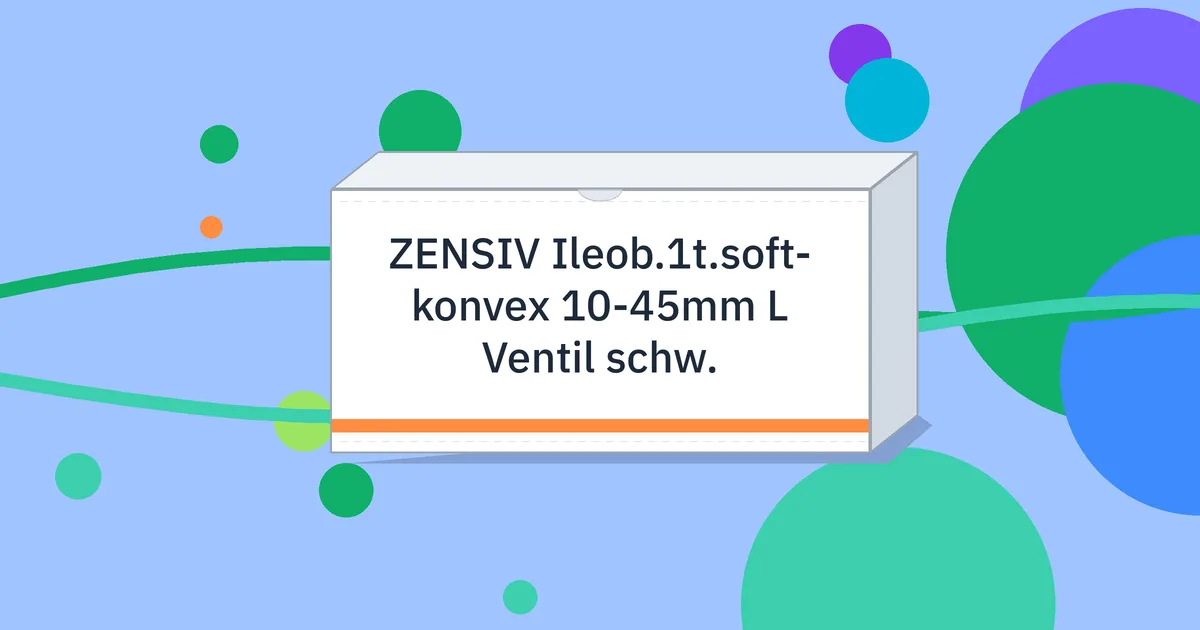 Symbolbild: Packung mit der Aufschrift ZENSIV Ileob.1t.soft-konvex 10-45mm L Ventil schw. (PZN 19436763) – Verfügbarkeit und Bezug in Apotheken in Frankfurt am Main