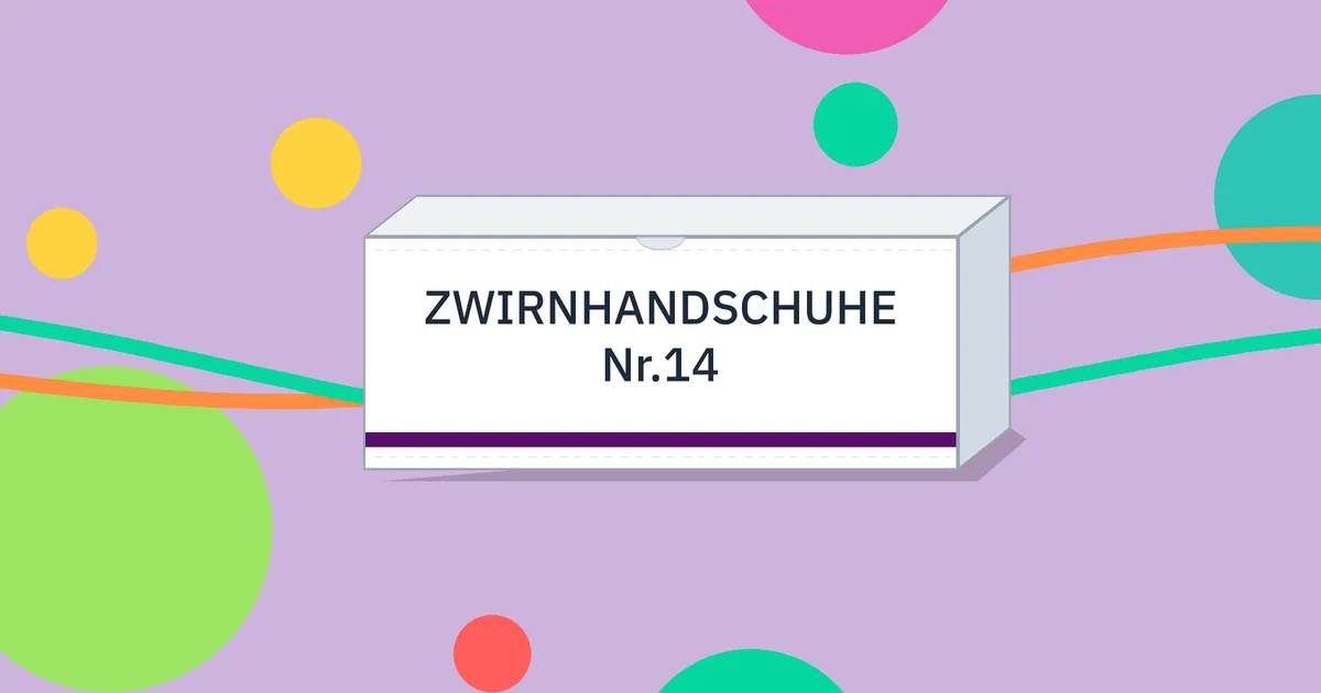 Symbolbild: Packung mit der Aufschrift ZWIRNHANDSCHUHE Nr.14 (PZN 04354657) – Verfügbarkeit und Bezug in Apotheken in Frankfurt am Main