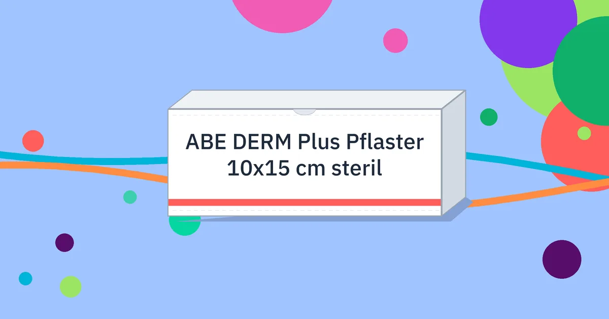 Symbolbild: Packung mit der Aufschrift ABE DERM Plus Pflaster 10x15 cm steril (PZN 04656720) – Verfügbarkeit und Bezug in Apotheken in Frankfurt am Main