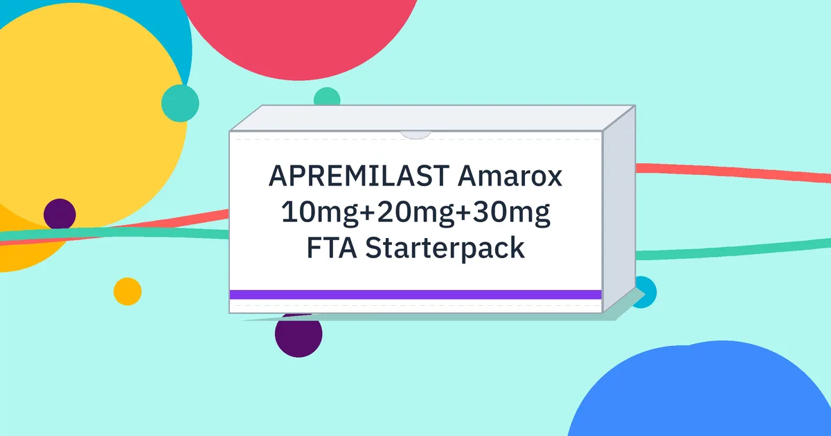 Symbolbild: Packung mit der Aufschrift APREMILAST Amarox 10mg+20mg+30mg FTA Starterpack (PZN 20181742) – Verfügbarkeit und Bezug in Apotheken in Frankfurt am Main