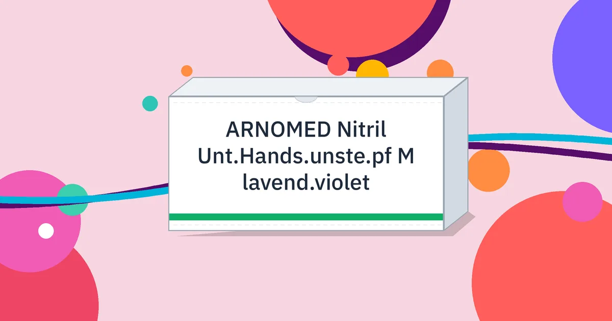 Symbolbild: Packung mit der Aufschrift ARNOMED Nitril Unt.Hands.unste.pf M lavend.violet (PZN 18136740) – Verfügbarkeit und Bezug in Apotheken in Frankfurt am Main