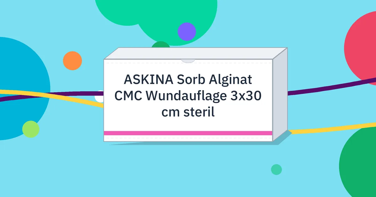 Symbolbild: Packung mit der Aufschrift ASKINA Sorb Alginat CMC Wundauflage 3x30 cm steril (PZN 19151701) – Verfügbarkeit und Bezug in Apotheken in Frankfurt am Main