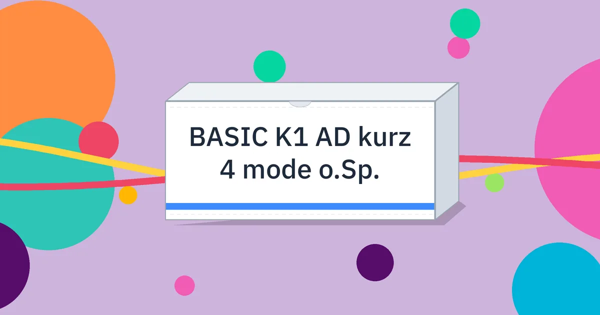 Symbolbild: Packung mit der Aufschrift BASIC K1 AD kurz 4 mode o.Sp. (PZN 20258485) – Verfügbarkeit und Bezug in Apotheken in Frankfurt am Main