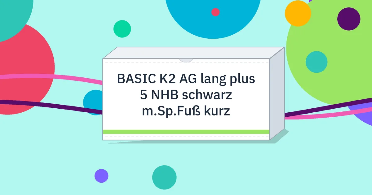 Symbolbild: Packung mit der Aufschrift BASIC K2 AG lang plus 5 NHB schwarz m.Sp.Fuß kurz (PZN 20267900) – Verfügbarkeit und Bezug in Apotheken in Frankfurt am Main