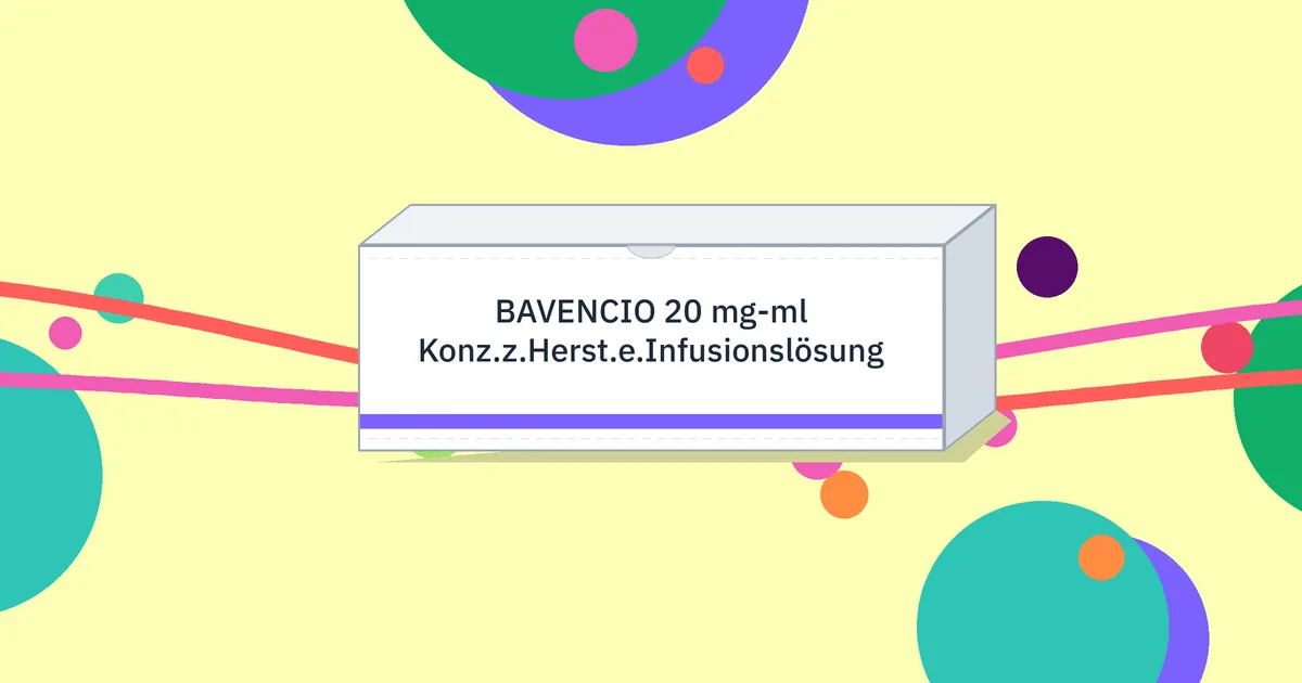 Symbolbild: Packung mit der Aufschrift BAVENCIO 20 mg-ml Konz.z.Herst.e.Infusionslösung (PZN 19149992) – Verfügbarkeit und Bezug in Apotheken in Frankfurt am Main